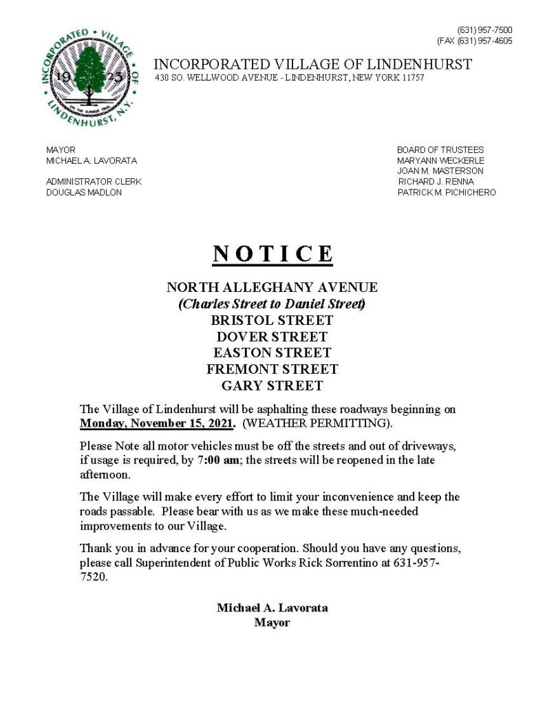 NOTICE: ROADWORK RESCHEDULED
